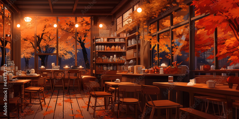 autumn night cafe wood interio twitch zoom vtuber asset obs screen ...
