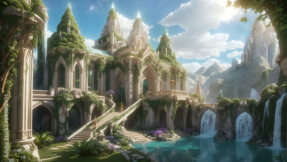 Journey through an ancient elven city adorned with ornate architecture ...