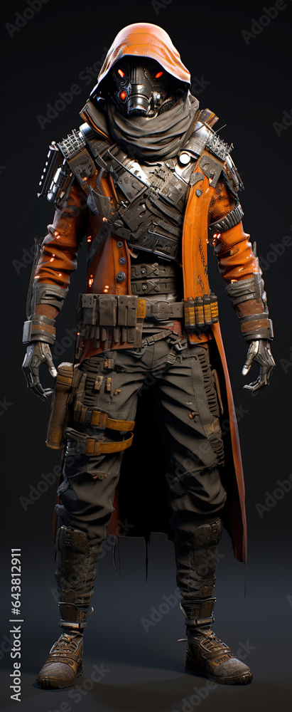 Game character. Space cyberpunk soldier. With gas mask on distant ...