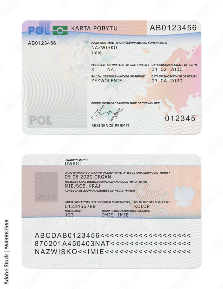 Polish residence permit card template. Blue card, document. Vector ...
