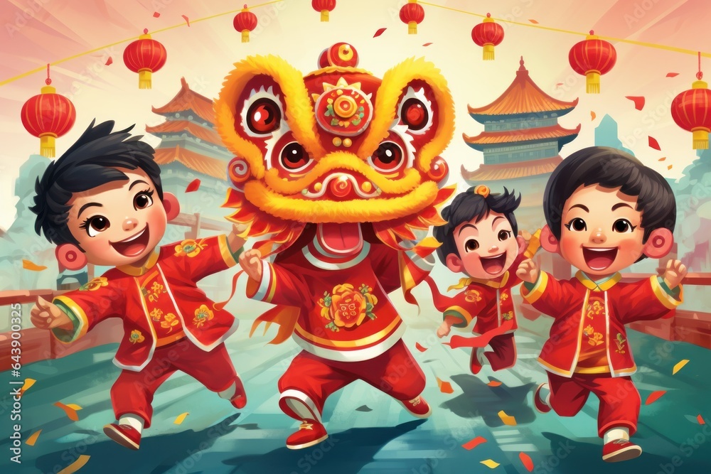 Children Celebrate the Year of Dragon, Lunar New Year Festival, Kids ...