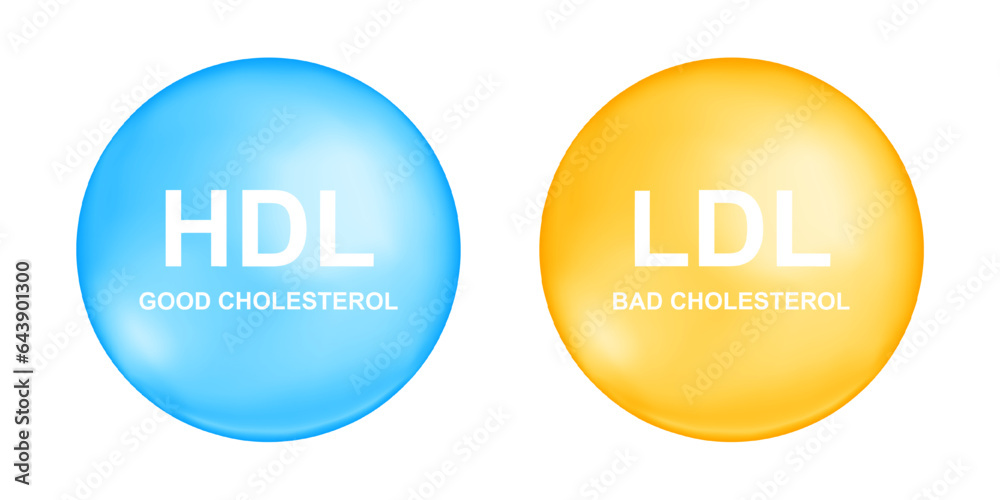 HDL and LDL cholesterol types in blue and yellow ball shapes. Good and ...