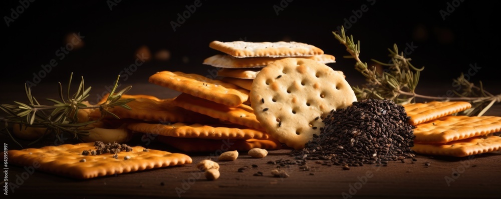 Fresh crispy crackers with rosemary on the dark background. Generative ...