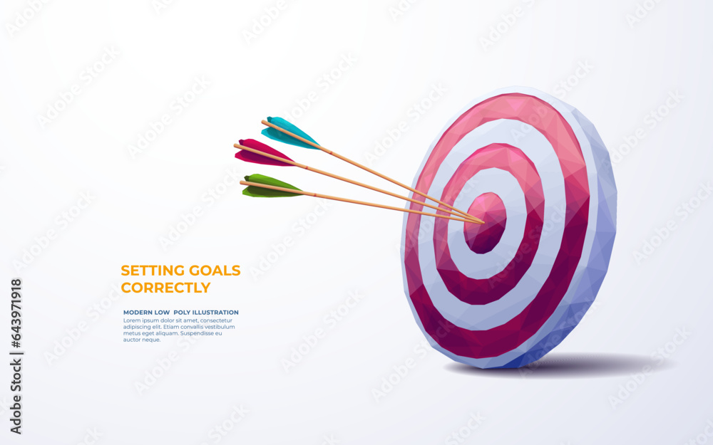 Modern polygonal target with three arrows with different colors in a ...