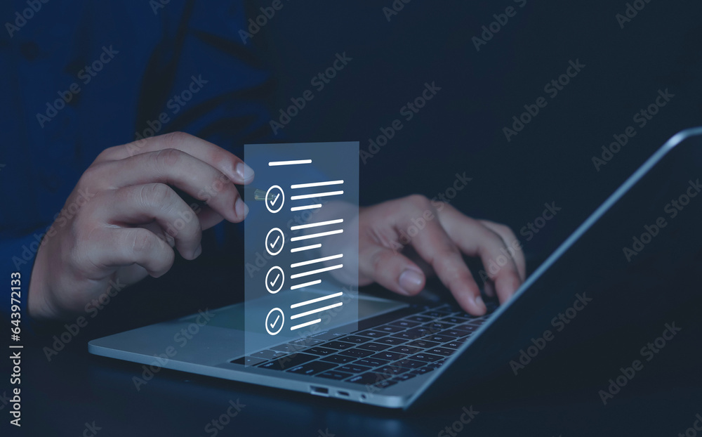 Businessman showing check mark summarizing job Compile lists, votes ...