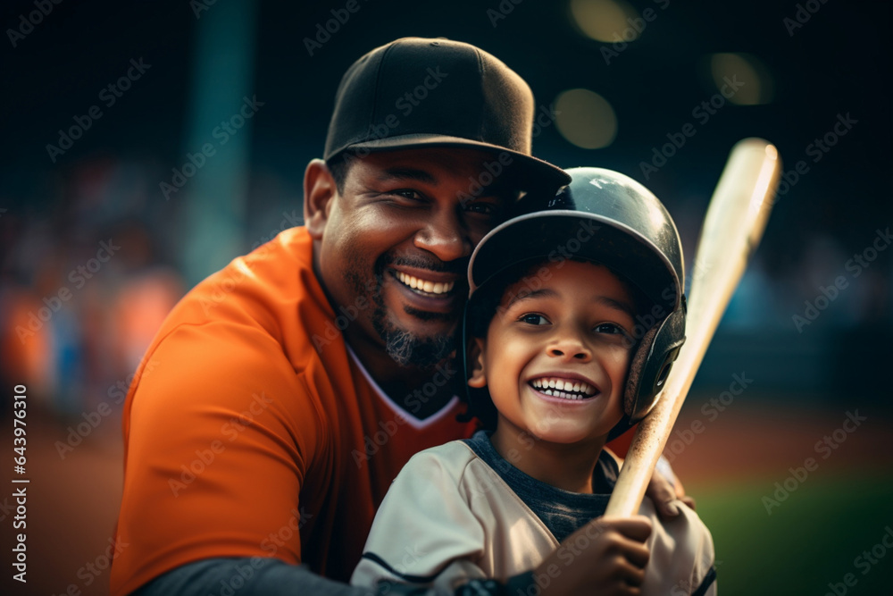 Black Father and son playing baseball at the stadium, father teaches ...