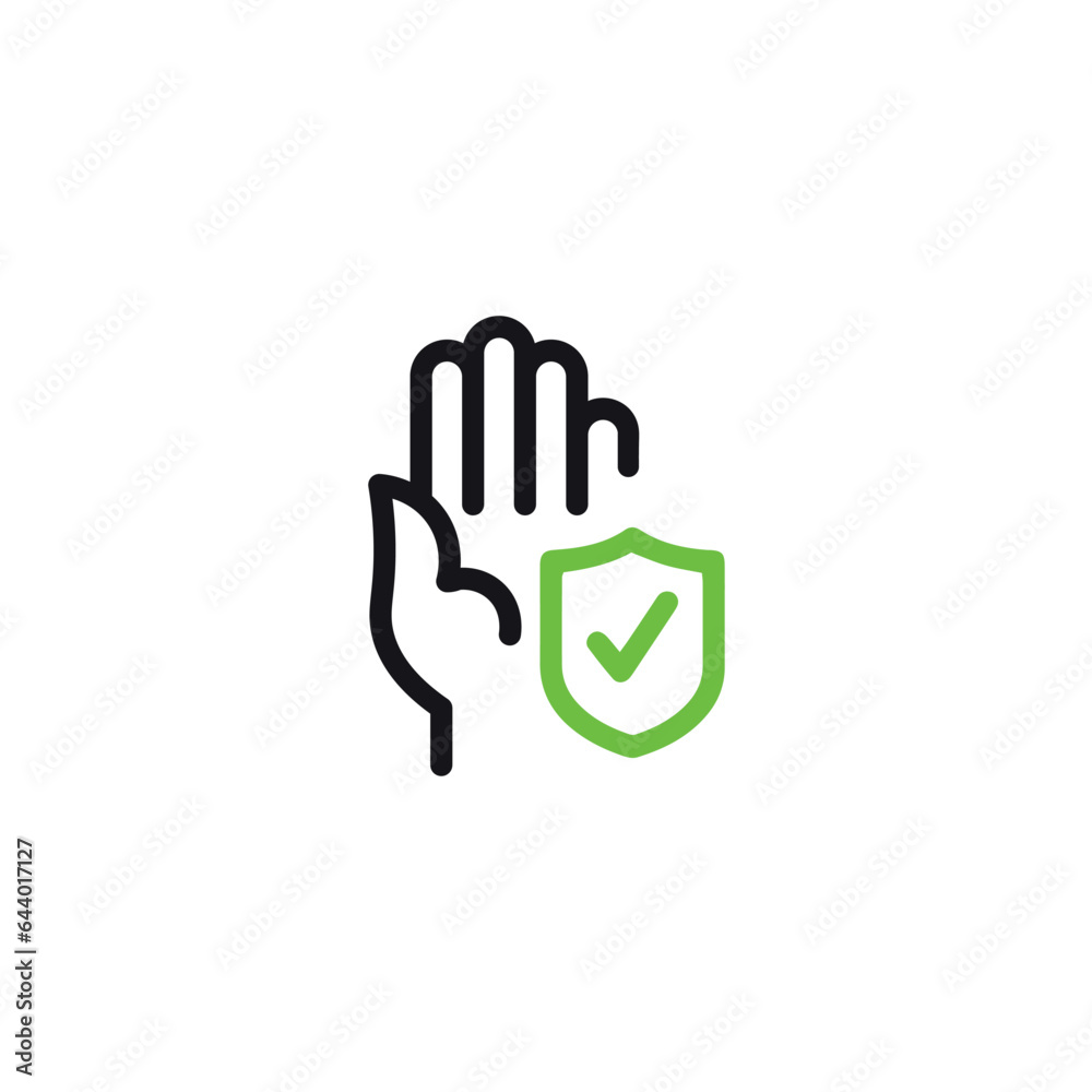 hand with a green shield symbol with approval mark. Access granted ...