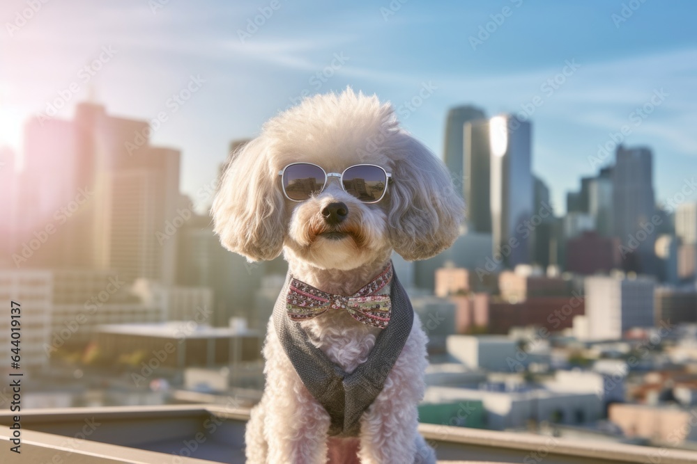 Full-length portrait photography of a happy poodle guarding wearing a ...