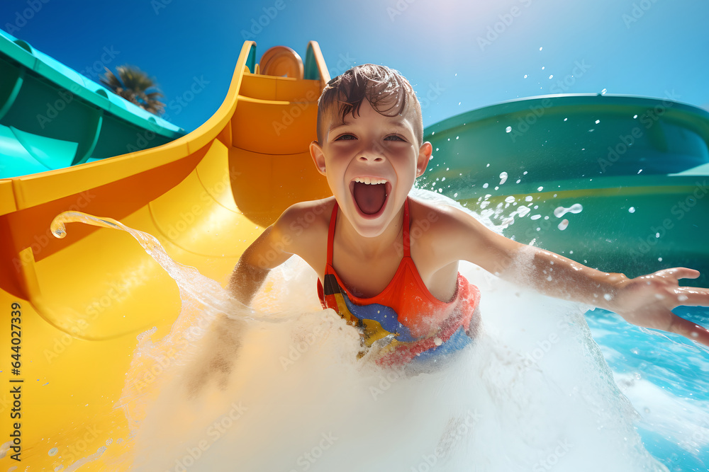 Happy boy going down the water slide in the water park, joyful children ...
