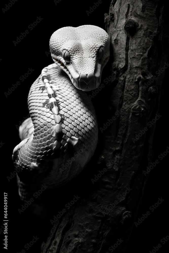 White common tree boa wrapping body around branch against black ...