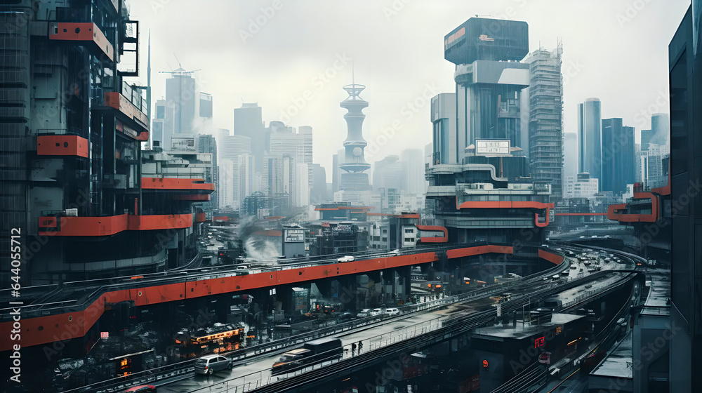 A cloudy rainy view in the game city of the future with car traffic on ...