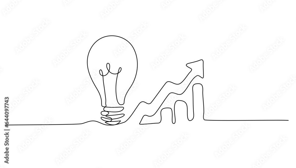 one line or continuous lineart a light bulb and raise arrow chart ...