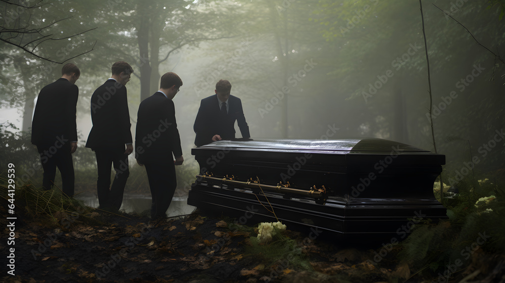 Death, funeral and coffin with family mourning, sad and depressed for ...