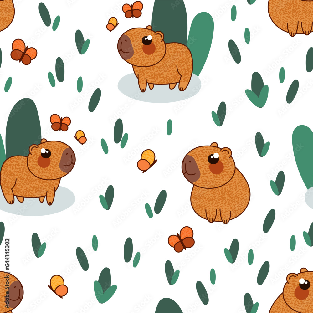 Stock-Vektorgrafik „Cute capybaras seamless pattern. Capibara characters sitting in green grass ...