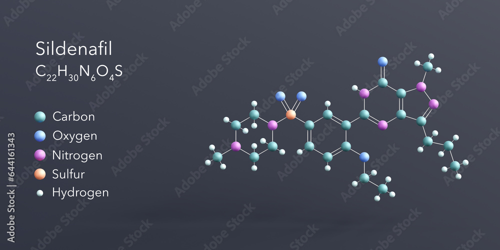 sildenafil molecule 3d rendering, flat molecular structure with ...