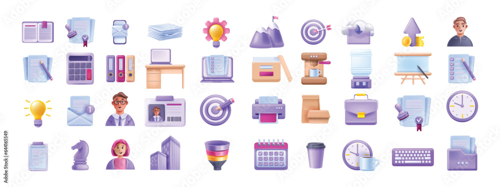 3D business vector icon, work office stationery kit, management ...