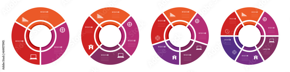 Set of round infographic charts, vector templates. Circles with 3, 4, 5 ...
