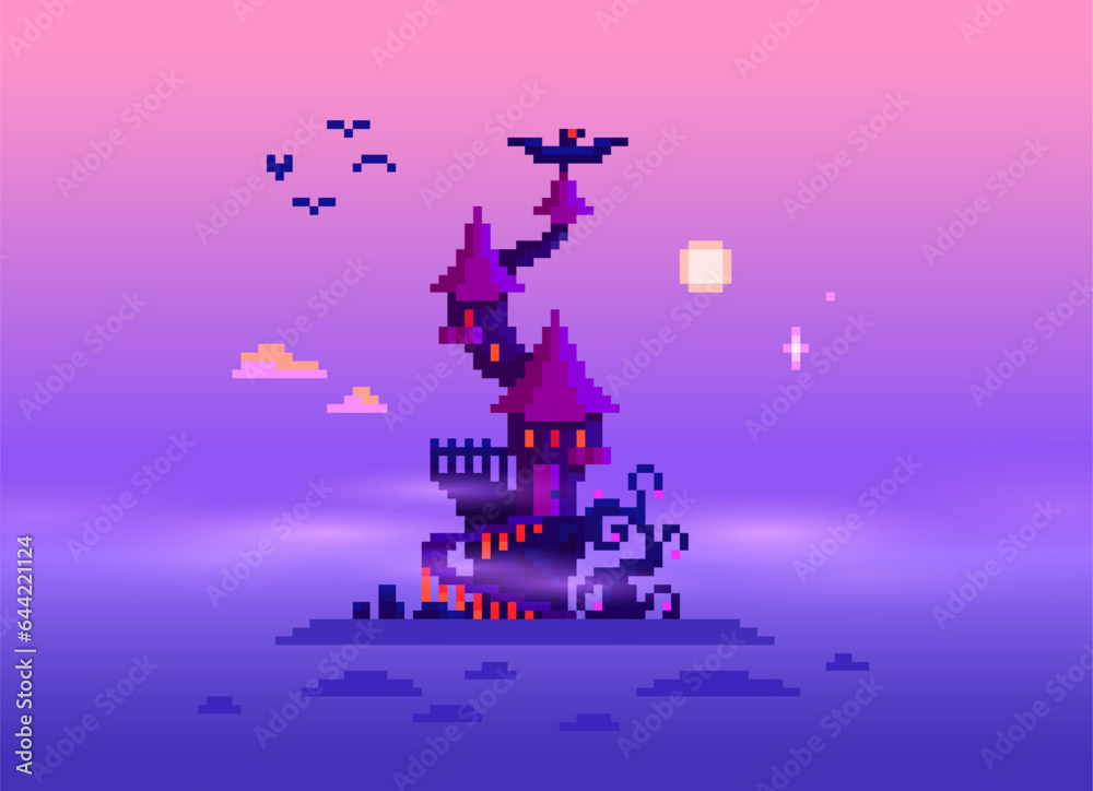 Pixel art witch castle. Fairytale ancient mansion exterior. Hidden old ...