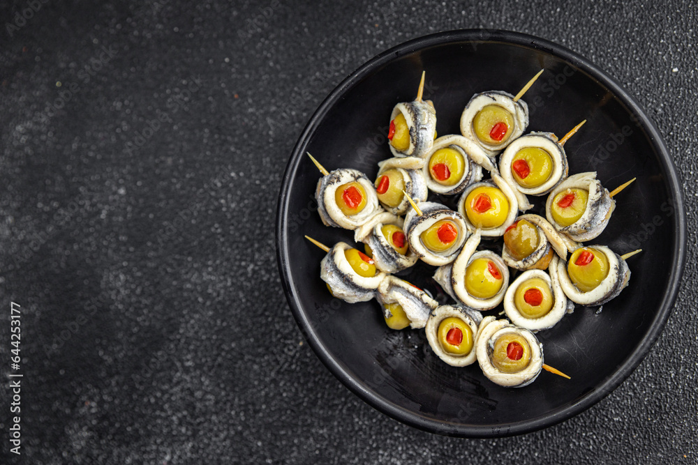 olive stuffed anchovy fillet, anchovys roll stuffed olives apetizing ...