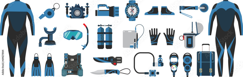 Diving set of elements. Scuba diver man and women in wetsuit, scuba ...