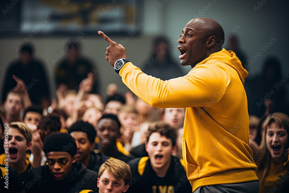 Coach speaking in front of football players . Leadership and motivation ...