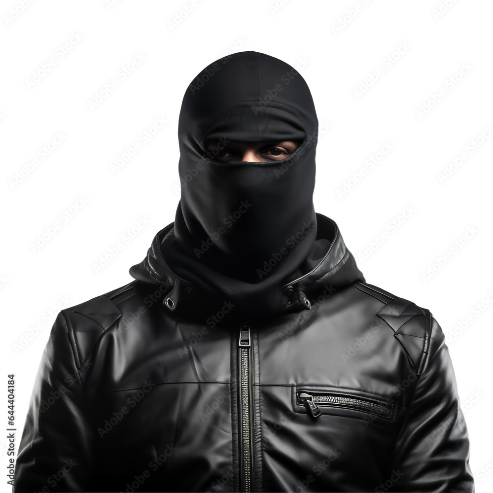 Man in black hood. The figure of a masked man on a white transparent ...
