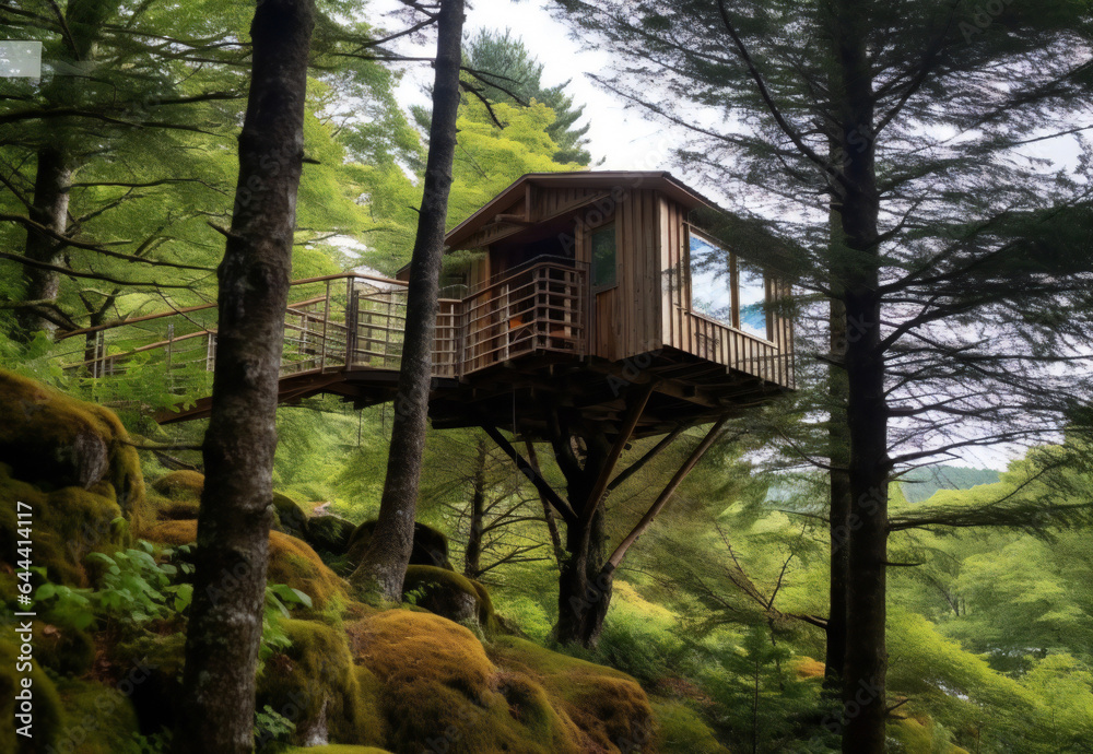 Treehouse in a Green Forest at Sunset Stock Photo | Adobe Stock