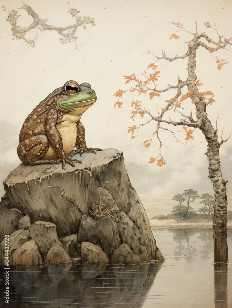 Vintage Japandi Art Japanese Frog Illustration Stock Illustration ...