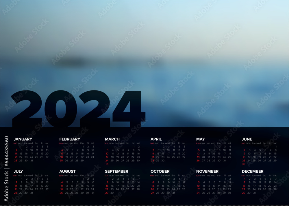 Dark vertical calendar template for the year 2024 (weeks strart monday ...