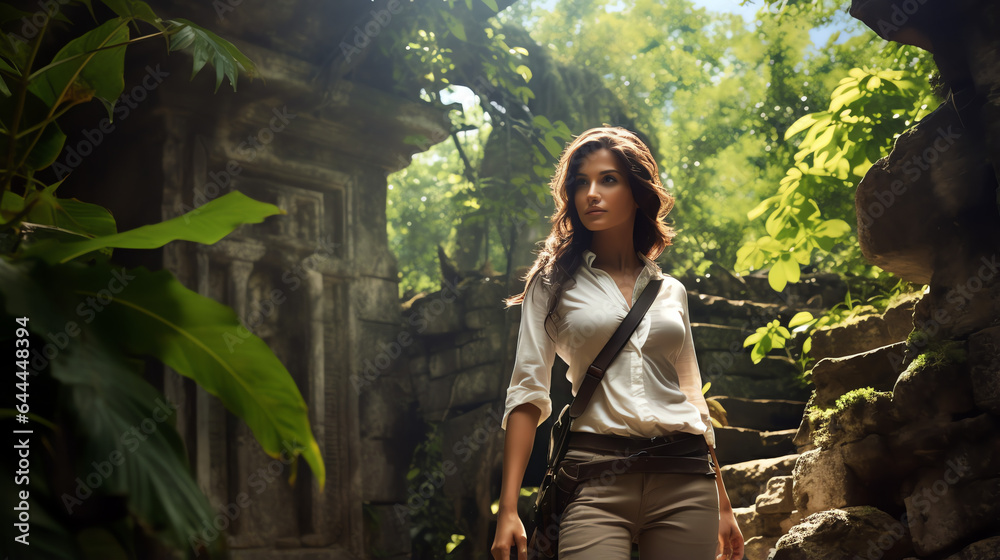 Portrait of beautiful woman. Female archaeologist exploring the ancient ...