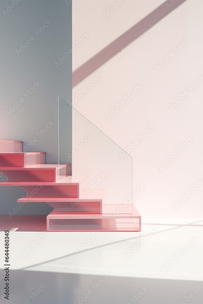 A contemporary minimalist glass staircase with railings, illuminated by ...