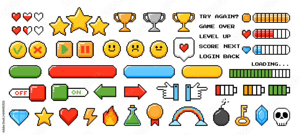 Pixel game elements. Graphic 8bits arcade games button, bars and ...
