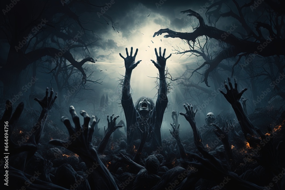 Zombies raising their hands from the cemetery ground. fear at night ...