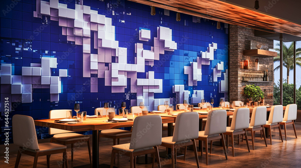 Stylish Restaurant Interior With Pixel Art On The Wall. Dining in ...