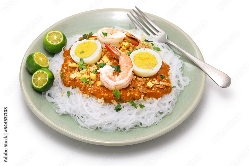 Pancit palabok, Filipino traditional noodle dish isolated on white ...