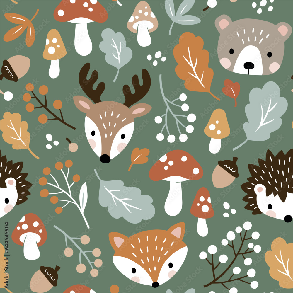 Seamless vector pattern with cute woodland animal heads, mushroom ...