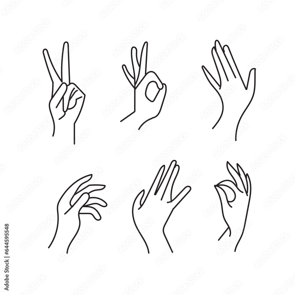 Hands poses. Female hand holding and pointing gestures, fingers crossed, fist, peace and thumb ...