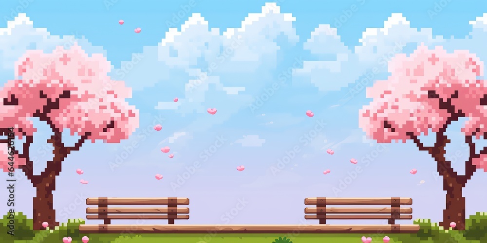 Illustration Stock Pixel art arcade game scene with trees, clouds, board, stones, 8bit ...