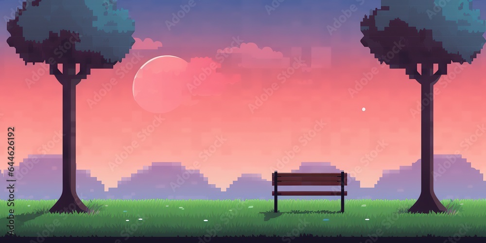 Pixel art arcade game scene with trees, clouds, board, stones, 8bit background. Tree and bush ...