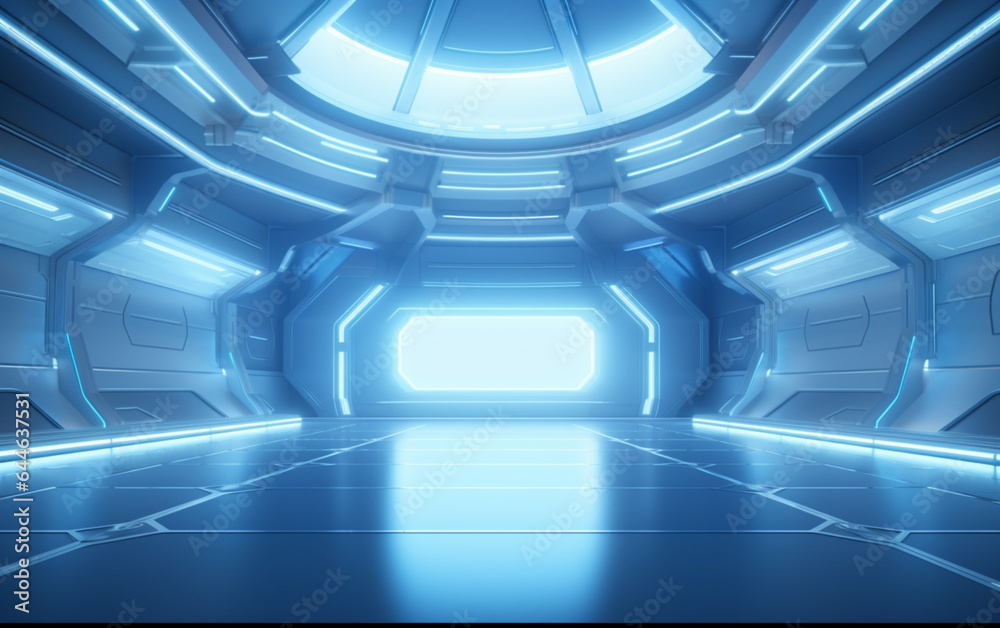 Empty light blue studio room futuristic Sci Fi big hall room with ...