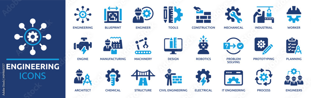 Engineering icon set. Containing blueprint, engineer, tools, construction, mechanical ...