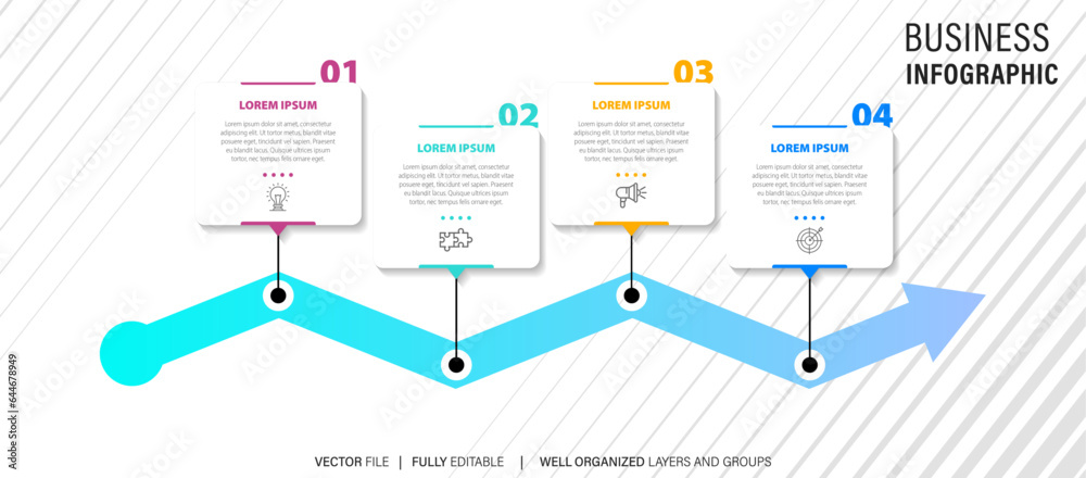 Line step infographic. 4 options workflow diagram, arrow timeline ...
