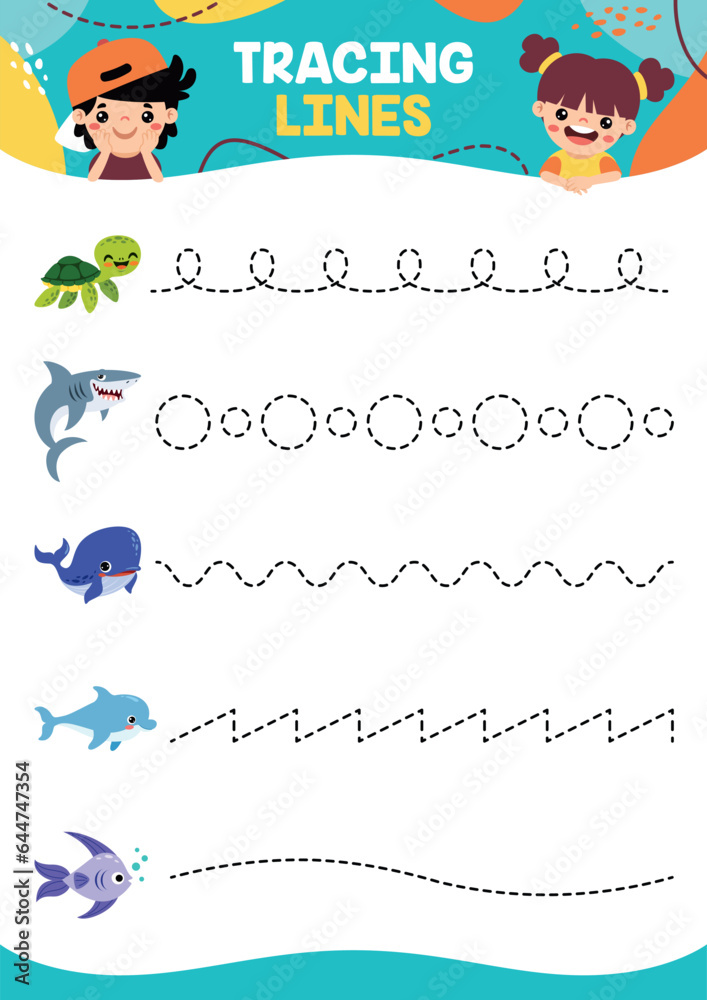 Tracing Lines Exercise Worksheet For Kids Stock Vector | Adobe Stock