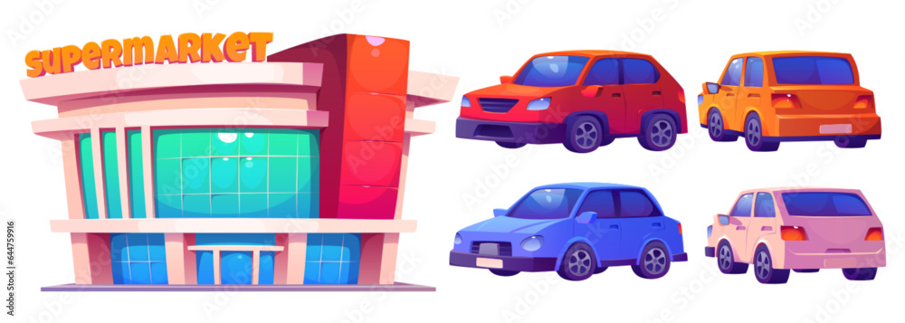 Exterior of supermarket facade and various passenger cars for parking ...