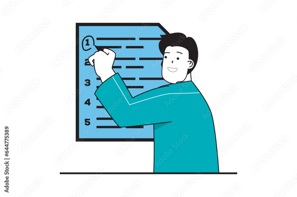 Online survey concept with people scene in flat web design. Man filling ...