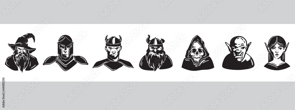 Fantasy character silhouette game avatar set, vector medieval RPG role ...