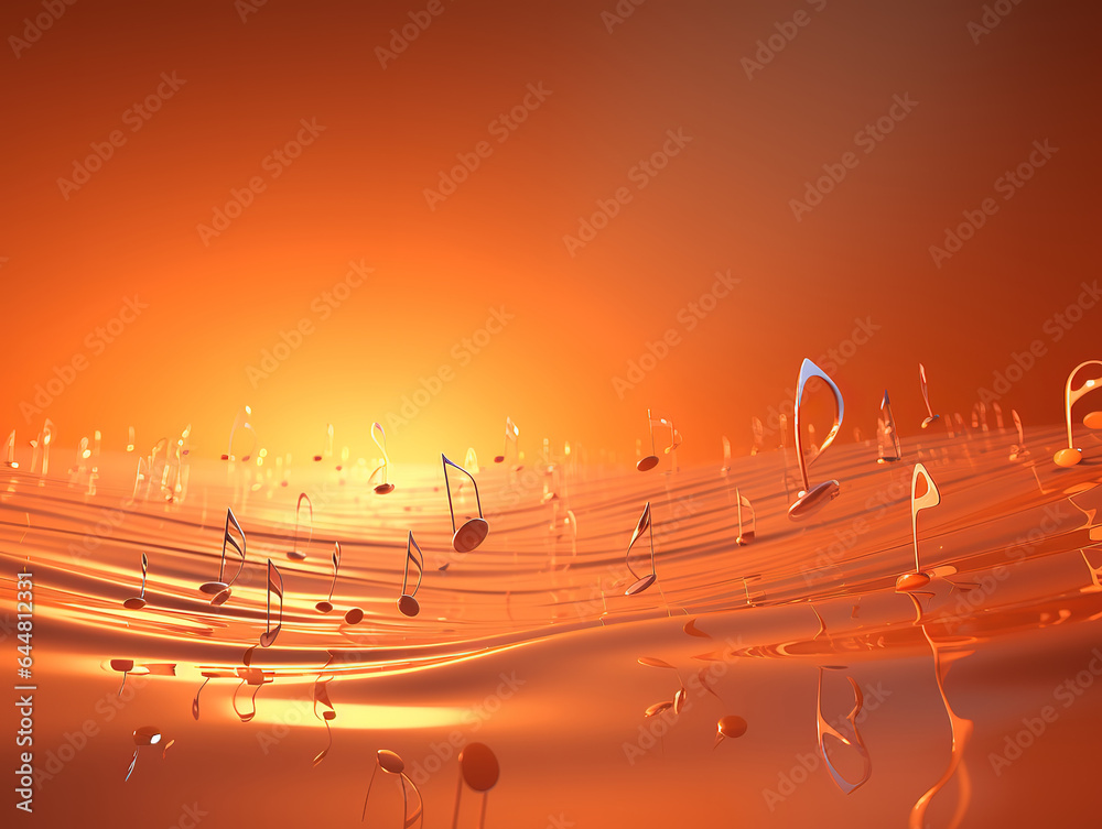 Floating musical notes on an abstract Orange background with flares ...