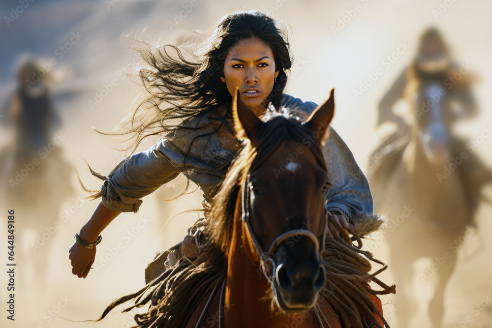 Native american woman riding a horse in the wild west desert, young ...