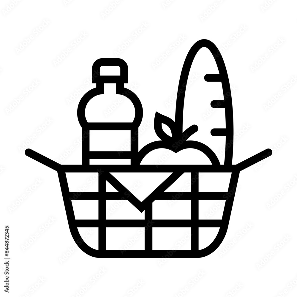 Basket with cooking oil, apple, bread isolated on white. Supermarket ...