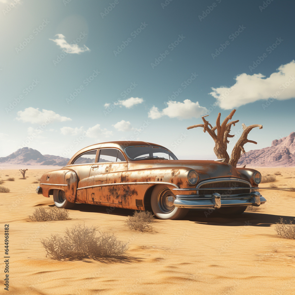 Old abandoned and rusted car in the desert. Some parts of the car have ...